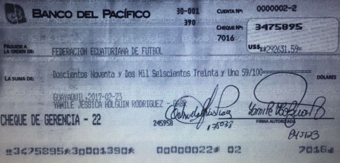 Aparece cheque del Banco del Pacífico a la Federación Ecuatoriana de Fútbol | La República EC